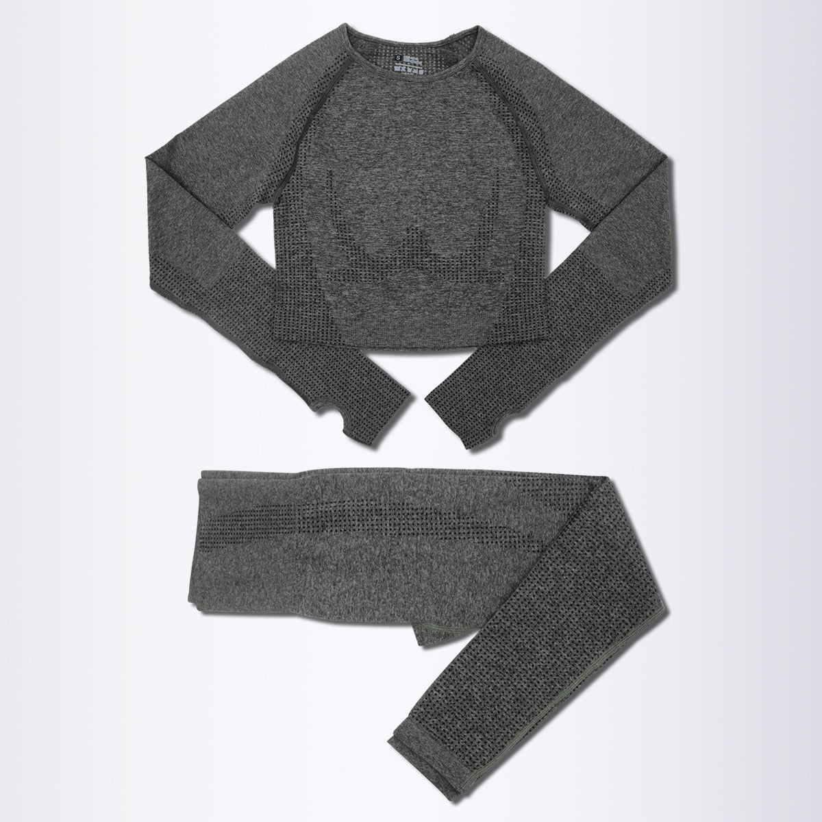Women's 2-Piece Seamless Dark Grey Long Sleeve Crop Top Yoga Set | Iron ...